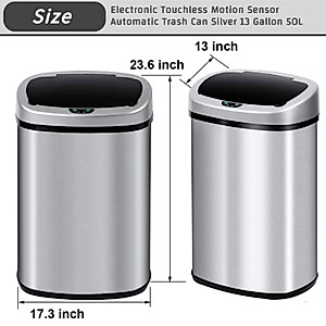 MKDLUFEI 13 Gallon Motion Sensor Trash Can, Brushed Stainless Steel, 13 Gallon Capacity, Touchless Garbage Can for Home Office