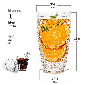 G Hobnail Glassware Old Fashioned Iced Beverage Drinking Glasses Set Of 6, 13 oz Premium Tall Highball Water Glasses Cups For Juice Cocktail Mojito Wine,Beer,Tea, Mixed Drinkware,Parties Restaurants