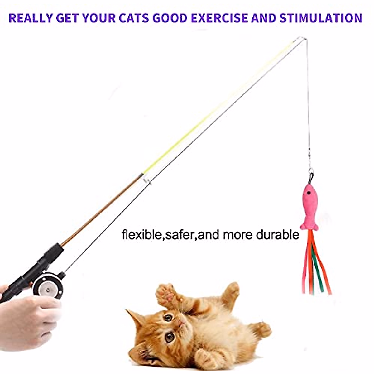 Whefory Retractable Cat Teaser Wand Toy, Cat Toys for Indoor Outdoor Cats Interactive Fishing Rod with 8 Pcs Refills Feather Toy, Plush Mouse Caterpillar & Fish