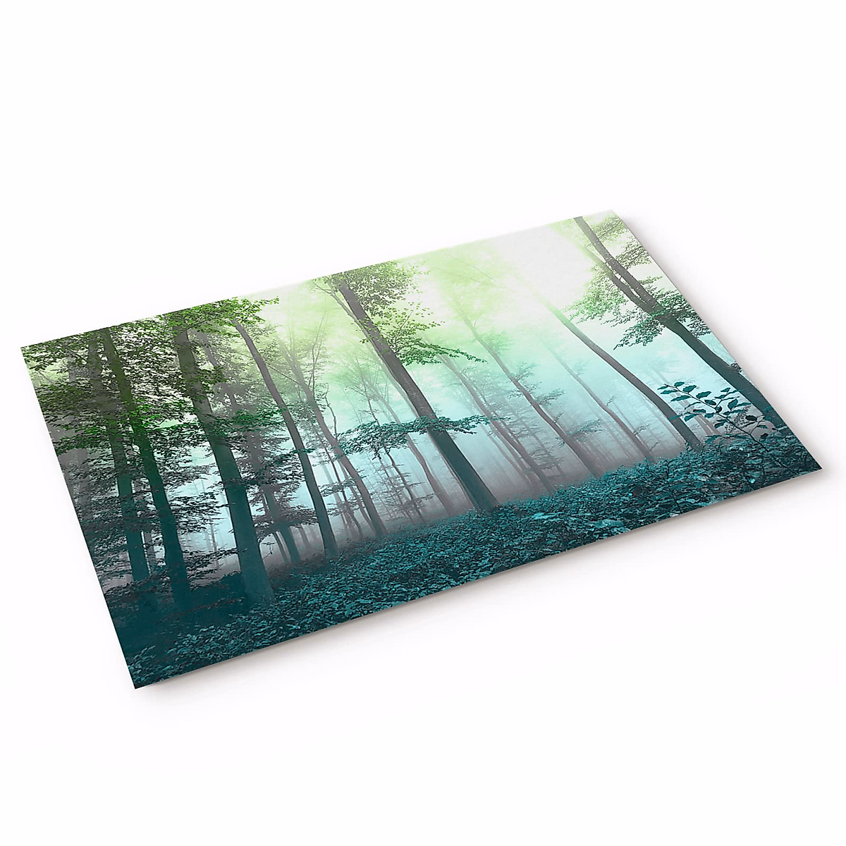 ALAGEO Fall Doormat Sunshine Teal Green Forest Door Mat Welcome Mats Entrance Floor Mat Trees Mist Fall Seasonal Harvest Thanksgiving Floor Mat Outdoor Indoor Runner Rugs Non-Slip Floor Mat 16"x24"