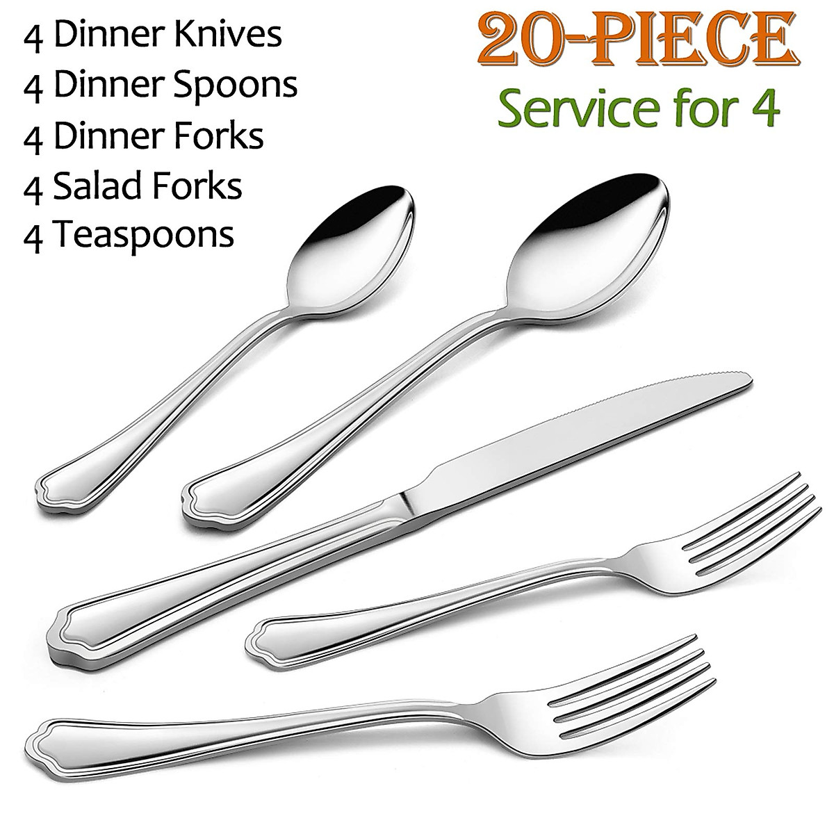 20-Piece Silverware Set, E-far Stainless Steel Flatware Cutlery Set Service for 4, Metal Tableware Eating Utensil Set, Dinner Knives/Forks/Spoons, Scalloped Edge & Mirror Polished - Dishwasher Safe