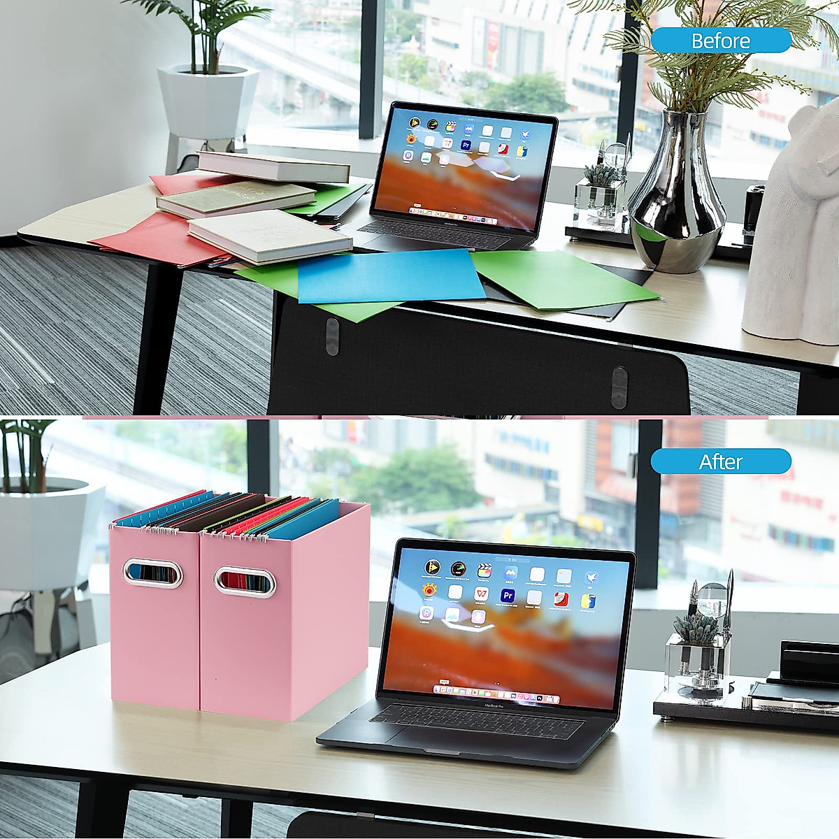 Oterri File Organizer, Small Storage Box, Cardboard File Folder Organizer, Collapsible File Box, Hanging File Organizer for Letter Size, Portable File Box with Handle, Only Box（Pink，2 Packs）