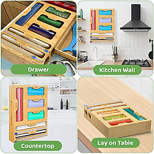 PrimeNex Ziplock Bag organizer, Ziplock Foil and Plastic Wrap Dispenser with Cutter, 6 in 1 Bamboo Kitchen Drawer Plastic Bag Food Baggie Organizer for Drawer Gallon, Quart, Sandwich, Snack (Natural)