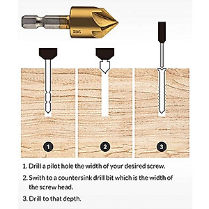 QWORK Countersink Drill Bits Center Punch Set 6 Pcs 1/4'' Hex Shank HSS 5 Flute Countersink 90 Degree Center Punch Tool Sets for Wood Quick Change Bit 6mm-19mm
