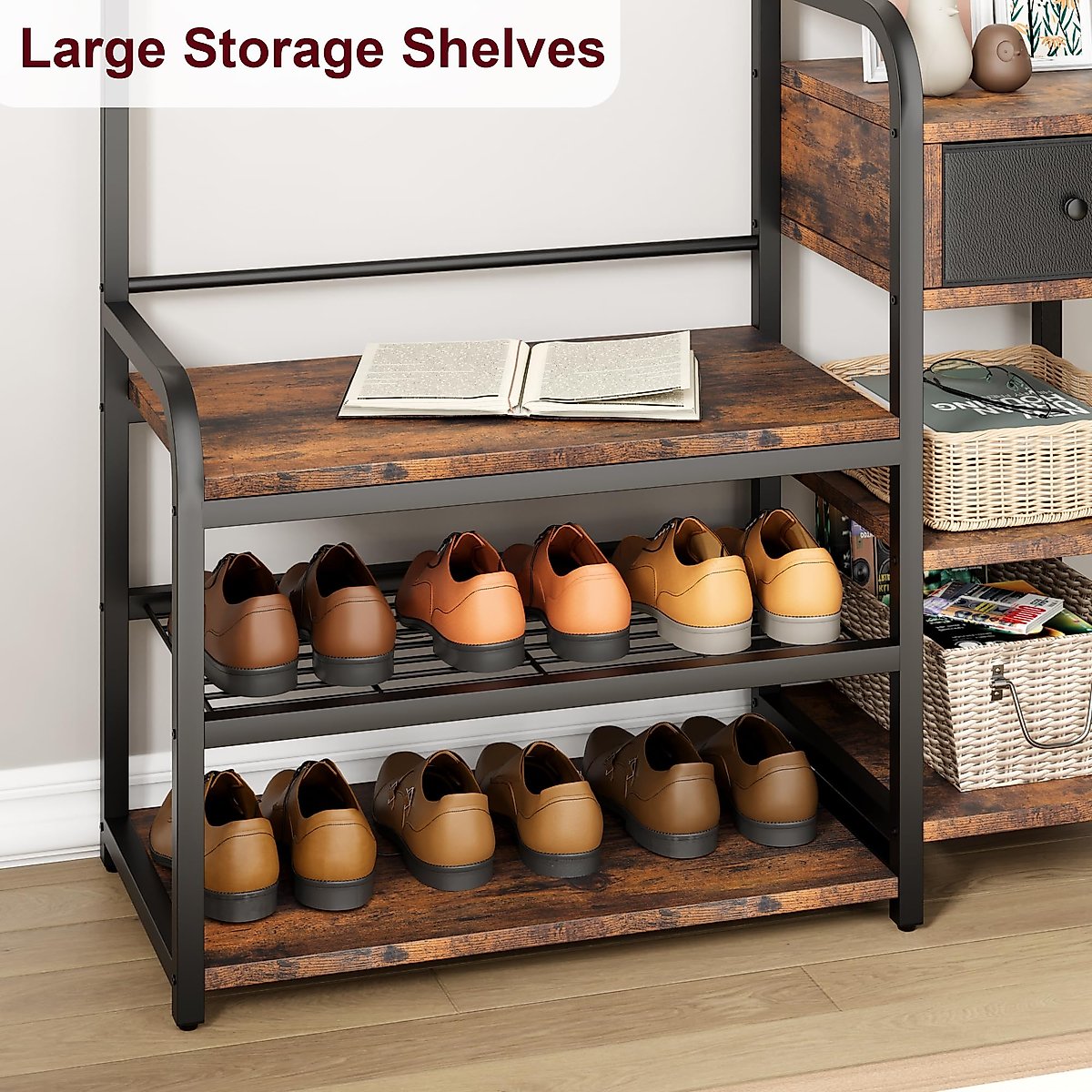 IDEALHOUSE Hall Tree Storage Bench for Entryway, Coat Rack Shoe Bench with Storage Drawer, 5-in-1 Coat Rack Storage Shelf and 8 Hooks, Coat Tree for Small Spaces, Entryway, Bedroom, Rustic Brown
