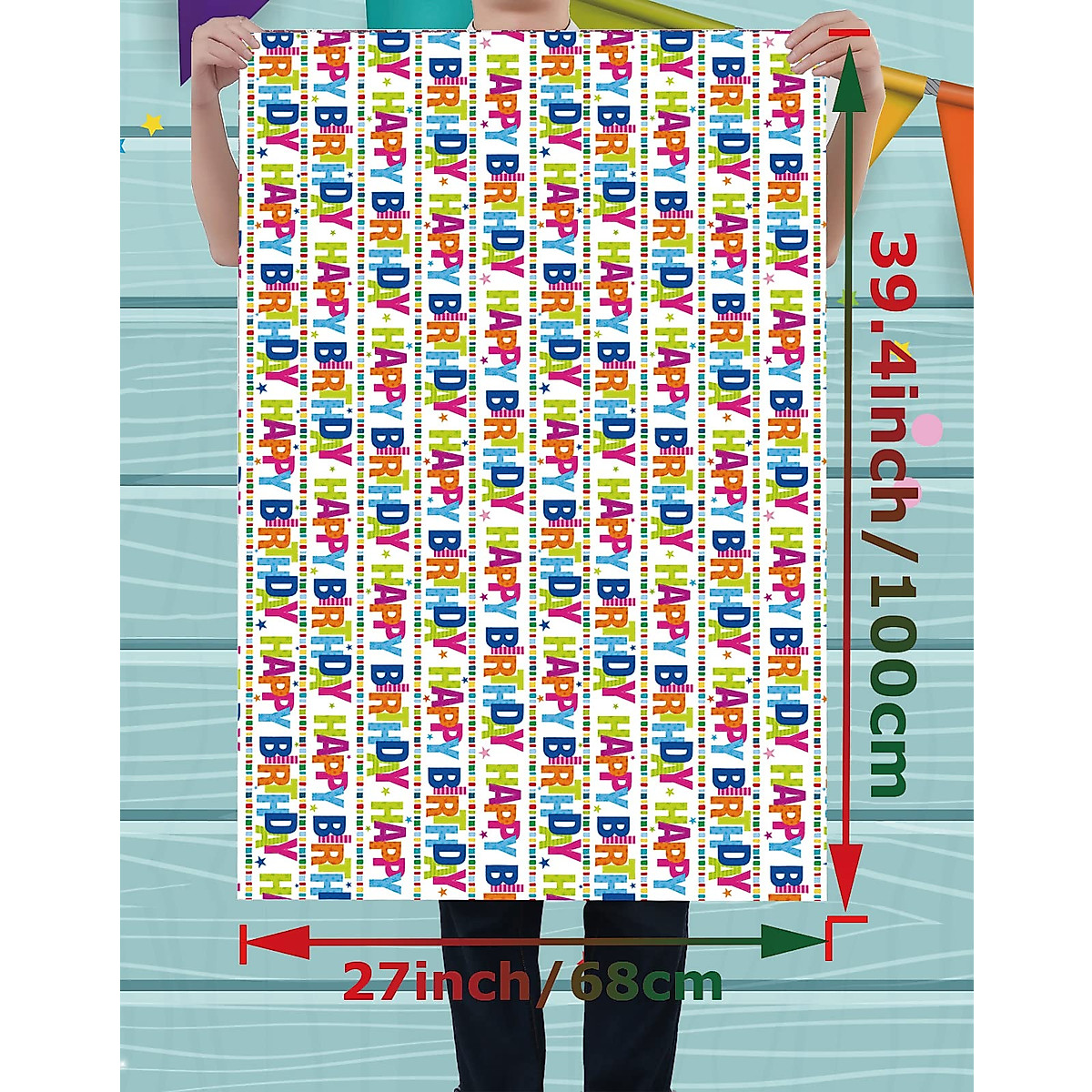 U'COVER Happy Birthday Wrapping Paper for Girls Kids Boys 3 Large Sheet with Cut Line Gift Wrapping Paper for Women Men Baby Shower Holiday Birthday Gift Wrap Paper Folded Flat 27 x 39.4inch