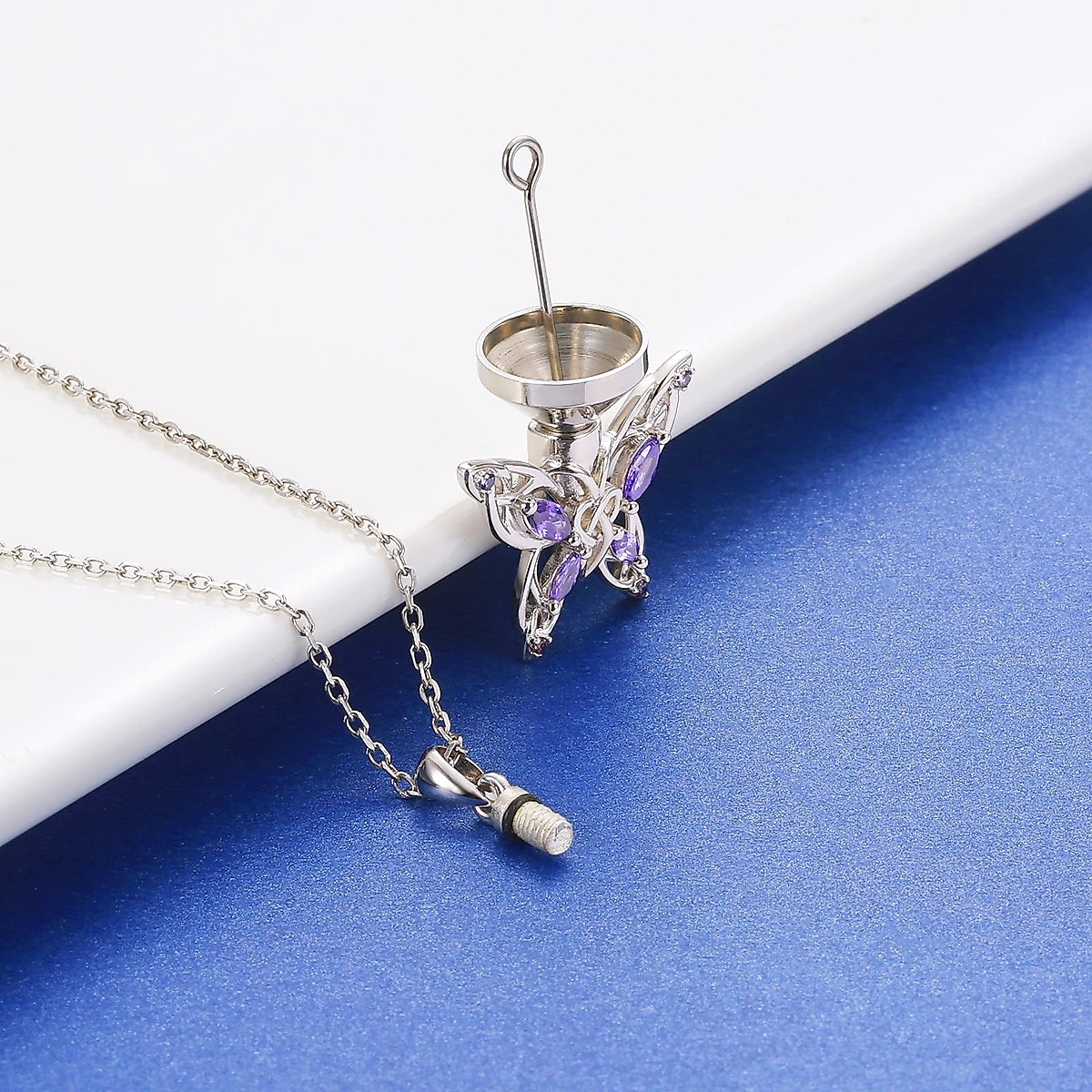 MANBU Butterfly Cremation Urn Necklace for Ashes - 925 Sterling Silver Memorial Keepsake with CZ Pendant Jewelry Women Keepsake Bereavement Gift for A Loss of the Loved One (Purple)