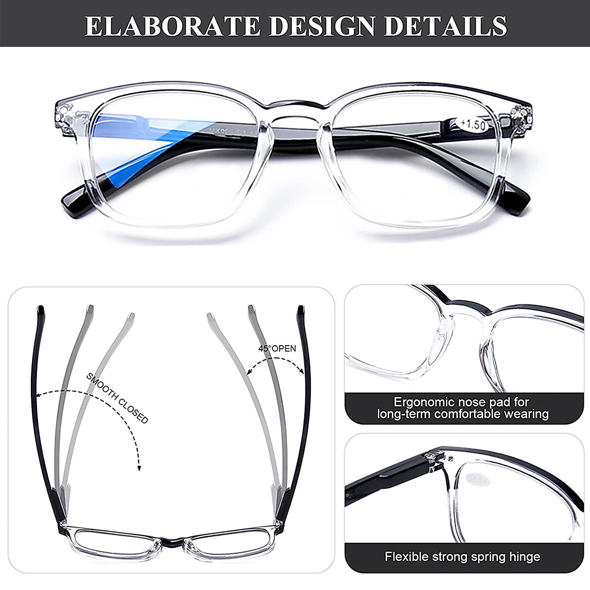 AQWANO Computer Reading Glasses Blue Light Blocking, Quality Clear Readers for Women Men Anti Glare Filter UV Ray Filter with Spring Hinge, 2.0