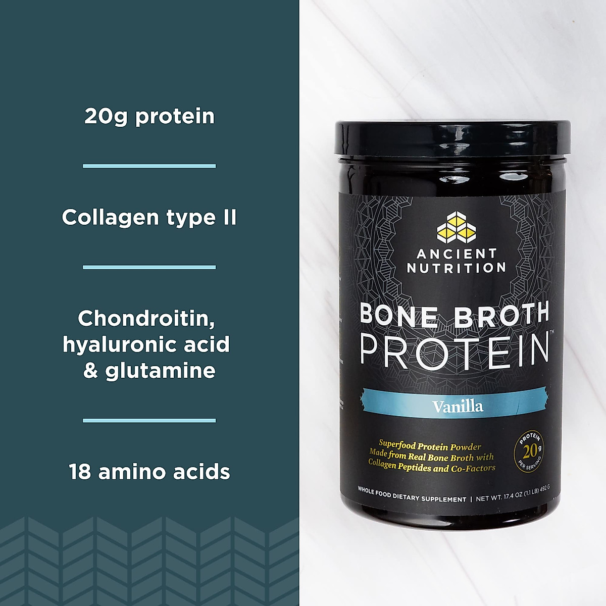 Ancient Nutrition Protein Powder Made from Real Bone Broth, Vanilla, 20g Protein Per Serving, 40 Serving Tub, Gluten Free Hydrolyzed Collagen Peptides Supplement, Great in Protein Shakes