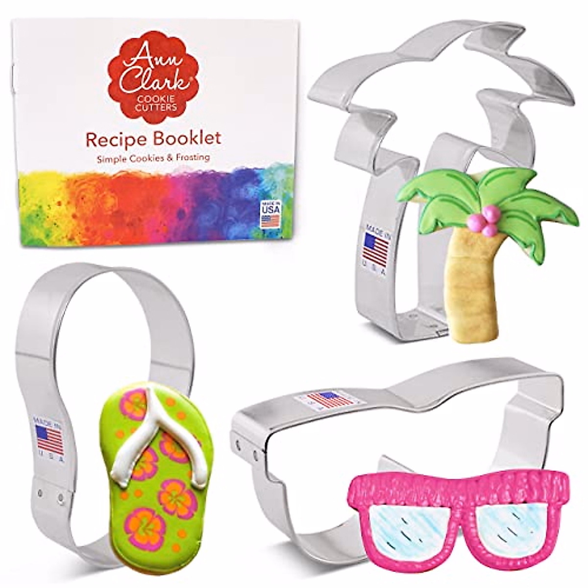 Summer Beach Cookie Cutter 3-Pc Set Made in USA by Ann Clark, Flip Flop, Sunglasses, Palm Tree