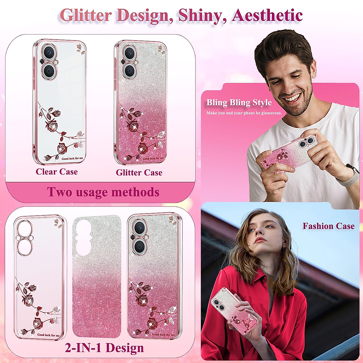 Yarxiawin for Oneplus Nord N20 5g Case Clear Glitter Glossy, Aesthetic Oneplus Nord N20 5g Phone Case Silicone Soft Flower Shockproof Oppo Reno 8 Lite 5g Cover Purple Slim (Pink)