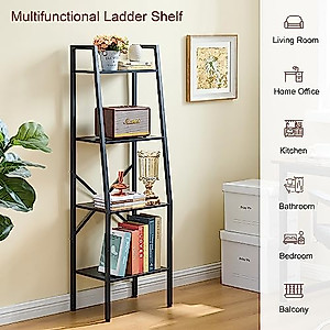Hoctieon Ladder Shelf Bookcase, 4-Tier Ladder Bookshelf, Tall Bookshelf with Metal Frame, Industrial Bookshelf Ladder, for Living Room, Kitchen, Home Office, Bedroom, Simple Assembly, Black