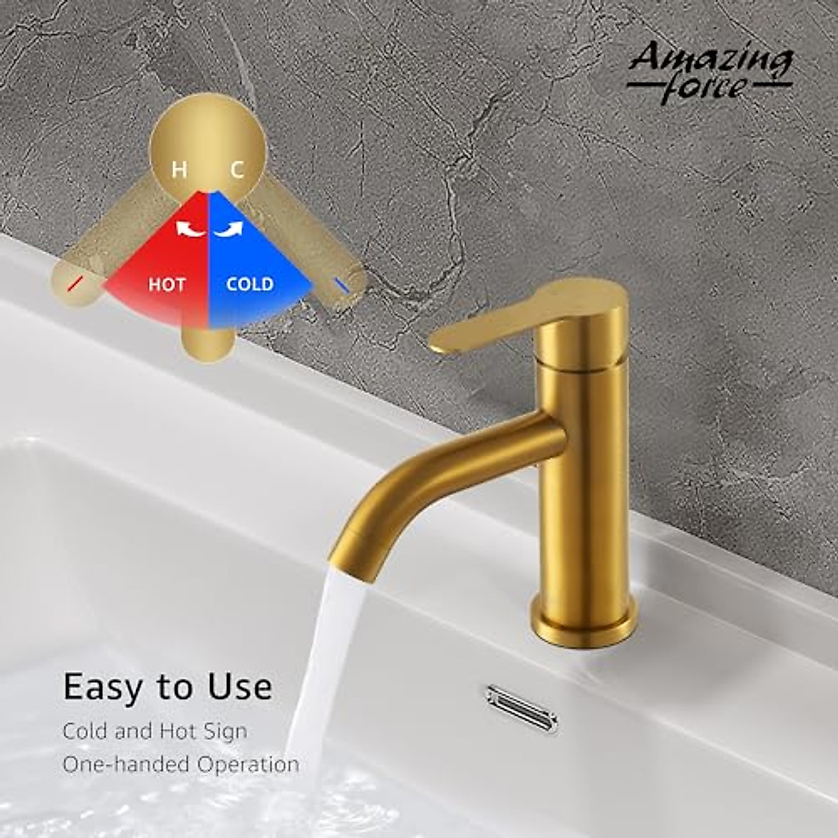 AMAZING FORCE Single Handle Bathroom Faucet Gold Bathroom Sink Faucet Single Hole with Pop Up Drain Assembly Gold Faucet for Bathroom Sink 1.2 GPM