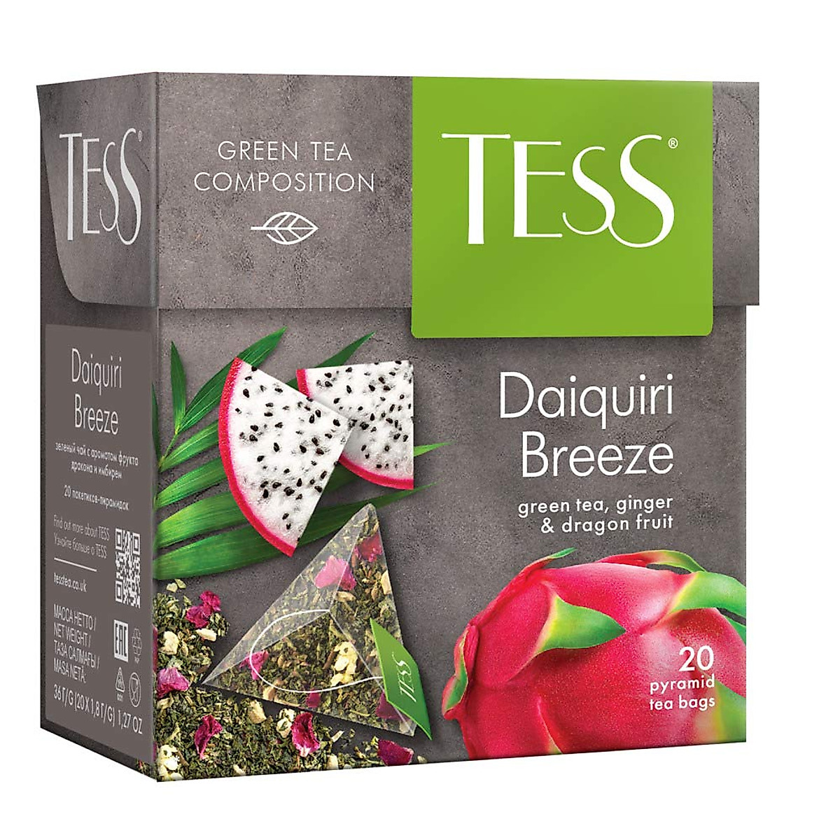 Tess Daiquiri Breeze Green Tea Composition Green Tea, Ginger and Dragon Fruit Leaf Tea in 20 Pyramid Sachets
