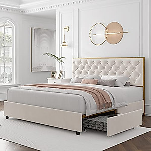 HIFIT King Platform Bed Frame with 4 Storage Drawers, Upholstered with Button Tufted Headboard, Heavy Duty Mattress Foundation with Wooden Slats, No Box Spring Needed, Golden and Beige