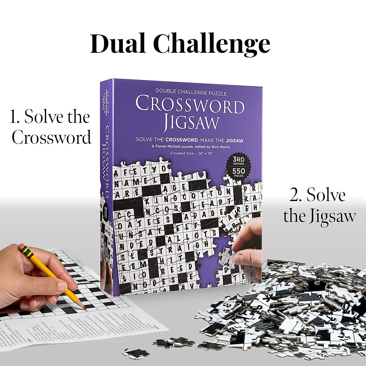 Dual Challenge Crossword Jigsaw Puzzle 3rd Edition - 550 Piece Board Game for Adults Families - Educational Interactive Brain Building