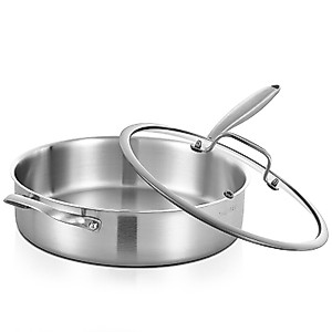 Inqibee 6 QT Tri-Ply Stainless Steel Sauté Pan with Lid, 12 Inch Induction Deep Frying Pan, Large Skillet,Jumbo Cooker, Dishwasher and Oven Safe,Detachable Handle.