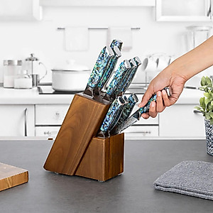SENKEN 11-Piece Damascus Knife Block Set with Abalone Shell Handle - "Umi" Collection Japanese Chef Knife Set - 67-Layer Japanese VG10 Steel, Chef Knife, Paring Knife, 4 Matching Steak Knives & More