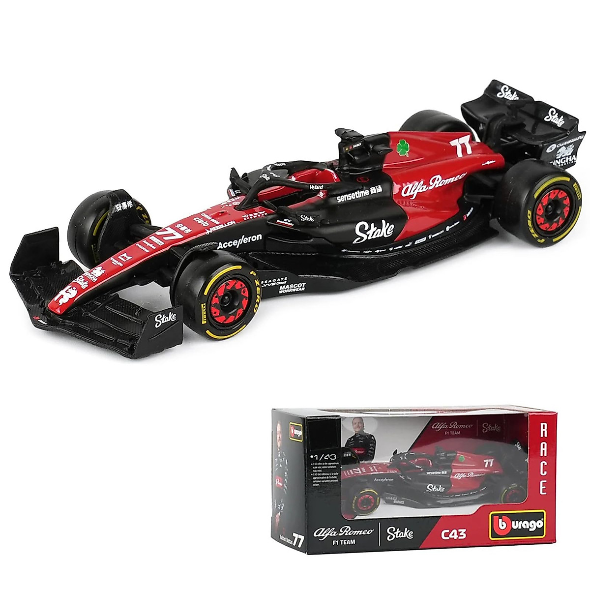 JODIYAAH 1/43 Bburago Alfa Romeo F1 Team Stake 2023 C43 24# Zhou Guanyu F1 C43 77# Alloy Car Die Cast Model Collection Gift (C43 77#)