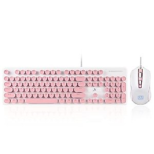 LexonElec Wired USB Keyboard Mouse Combo Gamer N518 104 Keys White LED Backlit Punk Keycap Ergonomic Pro Gaming Keypad + 1600DPI 4 Buttons Optical Game Mice for Laptop PC (Pink & White Light)