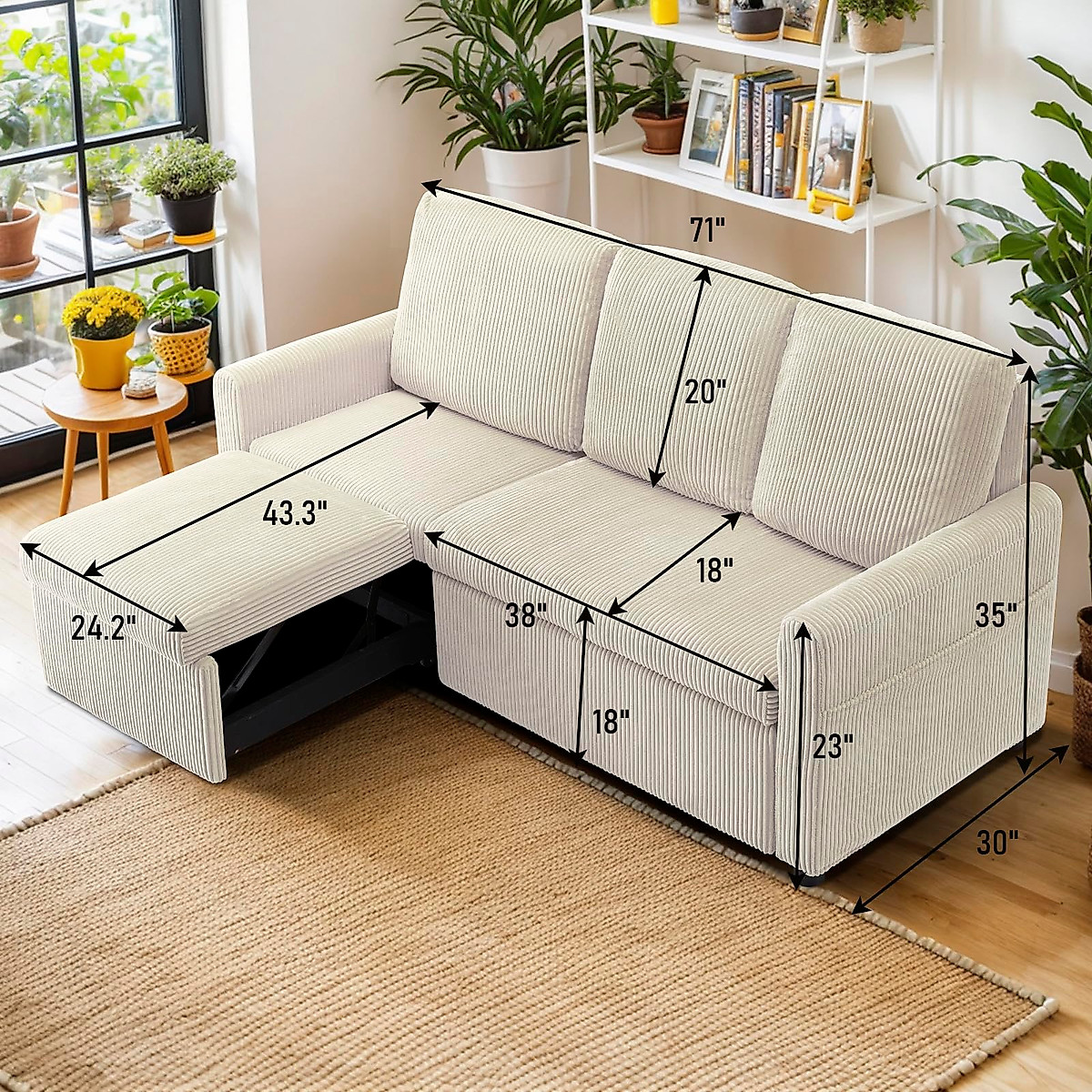 FEISHOMINOO Corduroy Modular Sectional Sofa,Comfy 3 Seater Plush Couch with Hidden Storage and Pull Out The Chaise Lounge,Small Sleeper Sofabed for Small Space Living Room (Beige, L-Shape Sofa)