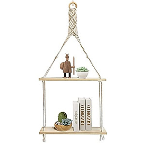 Mazjoaru Macrame Wall Hanging Shelves, Boho Handmade White Shelf Cotton Rope Sturdy Wooden Mounted Cute Decor Display Storage for Plant Bathroom Bedroom Living Room Office-2 Tier