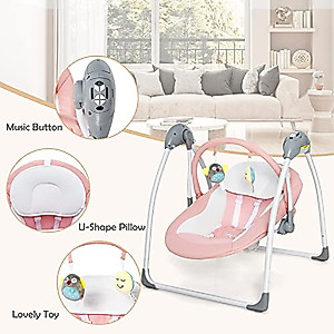 INFANS Baby Swing for Infants, Compact Portable Baby Electric Rocker for Newborn with 5 Speed Natural Sway Music Timing 2 Toys Remote Control, Easy Fold, 0-6 Months Boy Girl (Pink)