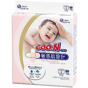 GOO.N Plus+ Diapers S Size (up to 18 lb) Unisex 1-Pack 70 Count Tape Straps Sensitive Skin, Made in Japan