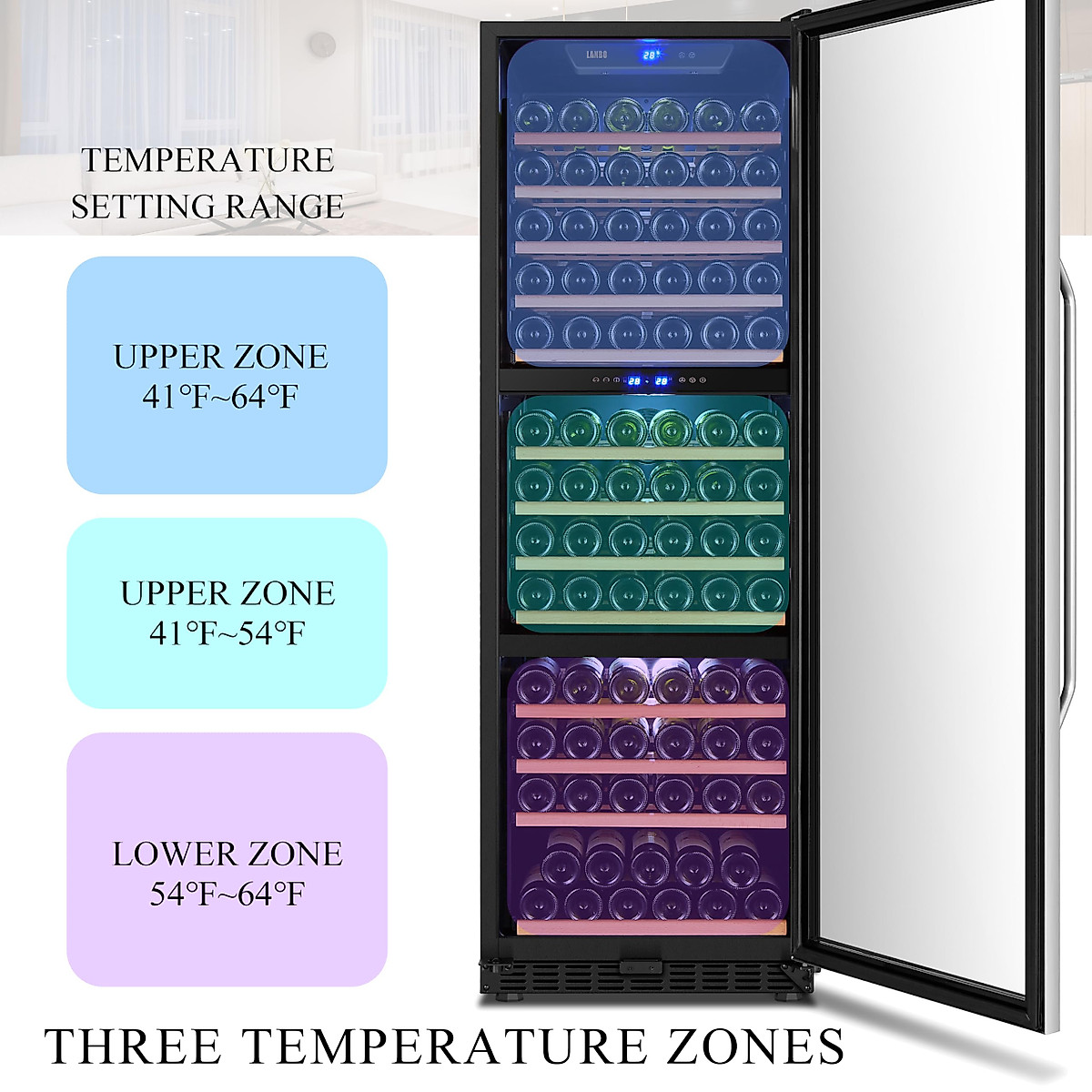Lanbo Triple Zones Compressor Built-in Wine Cooler with Safety Lock, 149 Bottles