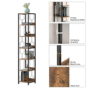 GiftGo 7-Tier Tall Narrow Bookshelf Corner Skinny Thin Bookcase Open Storage Display Rack Industrial Book Shelves Vertical Storage for Small Space Home Office Living Room (Rustic Brown, Narrow)