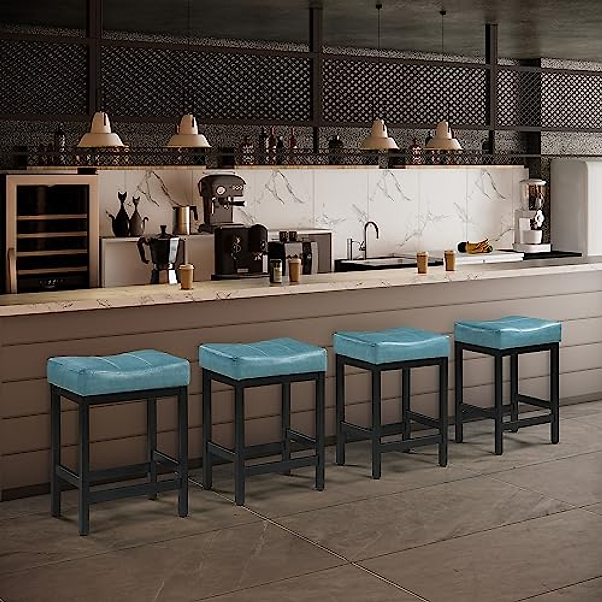 KATDANS Bar Stools Set of 2, 24" Counter Height Saddle Bar Stools, Upholstered PU Leather Bar Stools for Kitchen Island, Mid Century Modern Backless Barstools with Metal Base, KS861P-Teal, 2Pcs