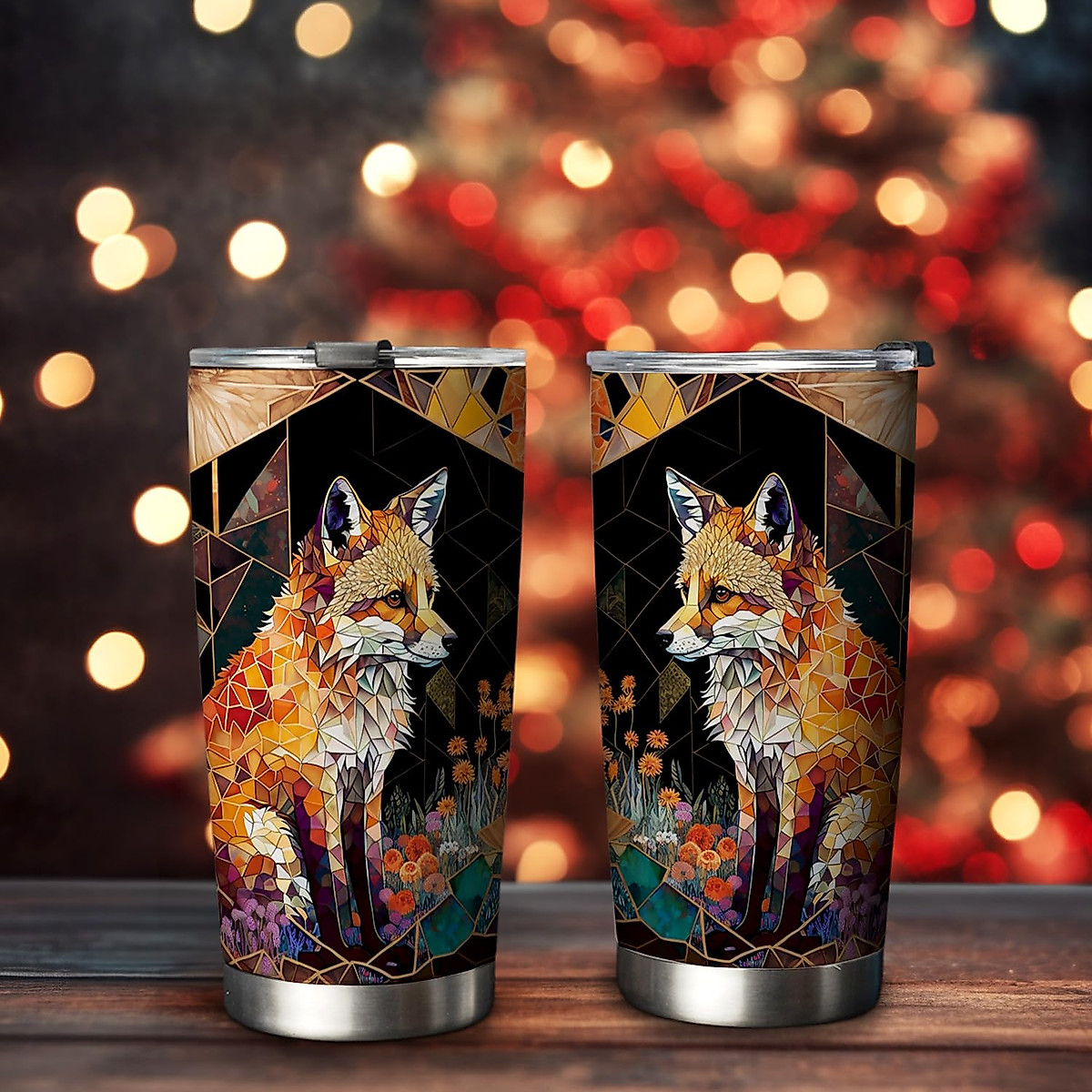 20oz Yellow Citrine Stained Glass Crystal Mosaic Fox Tumbler, Gifts for Fox Lovers, Coffee Thermos for Women, Stainless Steel Double Wall Vacuum Insulated Coffee Mug, Travel Cup with Lid