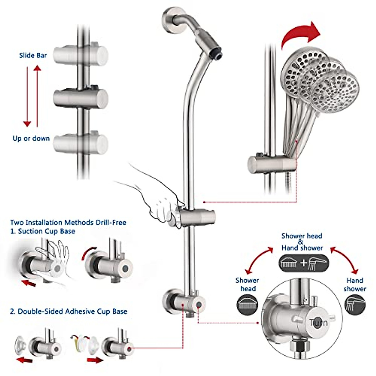 UCLIMAA Rainfall Shower Head with Handheld Shower Spray, with 26" Drill Free Adjustable Height Slider Bar, High Pressure Dual Shower Head Combo, 3-Way Diverter for Easy Reach, 5Ft Hose-Brushed Nickel