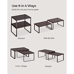 SONGMICS Cabinet Shelf Organizer, Stackable, Expandable, Set of 4 Metal Kitchen Counter Shelves, Brown UKCS06BR