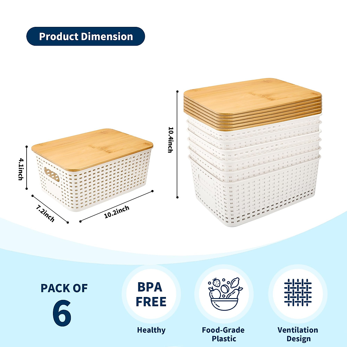 Plastic Storage Baskets with Lid - Plastic Storage Containers Stackable Storage bins: Storage Baskets for Organizing Shelves Drawers Desktop Closet Playroom Classroom Office (BAMBOO LID, WHITE)