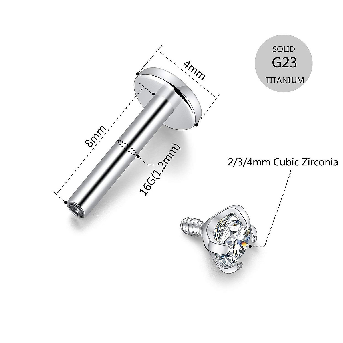 GAGABODY Forward Helix Earring 2/3/4mm Cubic Zirconia 3pcs G23 Titanium 16G 8mm Internally Threaded Labret Cartilage Tragus Monroe Lip Studs Piercing