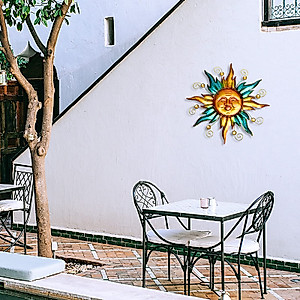 14 Inch Metal Sun Wall Art Decor Hanging Wall Decor,Sunface Wall Sculpture Glass Hanging Ornament,Home Decor Artistic Sun Face Metal Wall Sculpture for Home/Garden/Yard/Farmhouse