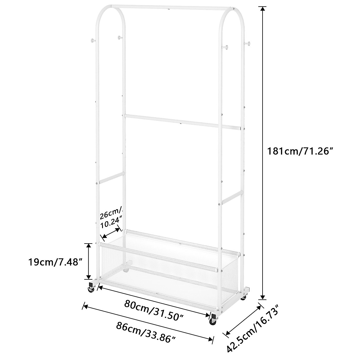 MOYIPIN Double Rods Clothing Rack with Wheels,Clothing Rack for Hanging Clothes Coat Scarves Bags,Multi-functional Bedroom Garment Rack,4 Hooks,White