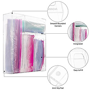 AQUIVER Acrylic Ziplock Bags Organizer - Baggie Bags Drawer Organizer & Plastic Food Storage Bags Holder - Compatible with Gallon, Quart, Sandwich, Snap, Freezer, Slider Bags (Clear)