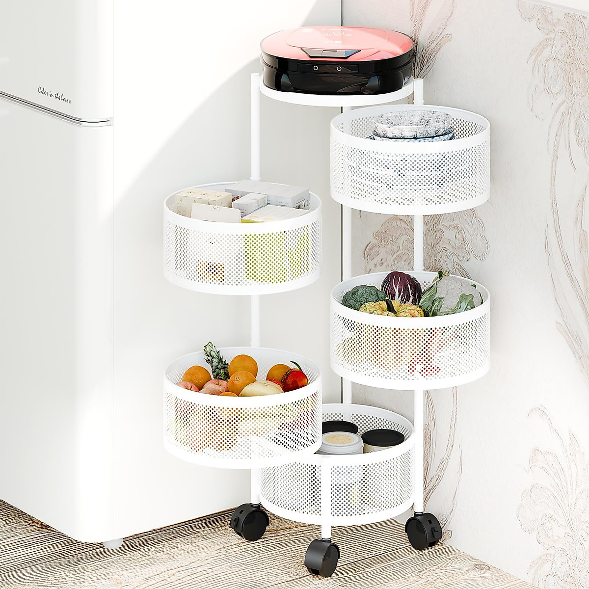 Rotating Kitchen Storage Rack No Assembly, Fruit Basket for Kitchen, Metal Storage Tower Basket Shelves Organizer on Rolling Wheels with Removal Drawers for Fruit Vegetable 5 Layers