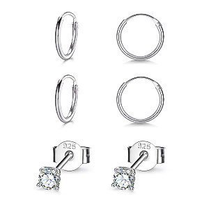 EPIRORA Sterling Silver Stud Earrings Small Cartilage Hoop Earrings for Women Men- 3 Pairs of Hypoallergenic Tiny Earring Set, Including 1 pair of 3mm Cubic Zirconia Earrings & 2 Pairs of 10mm Hoops