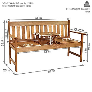 Sunnydaze Meranti Wood Outdoor Bench with Teak Oil Finish and Built-in Pop-Up Table - Comfortable Patio Seating for 2 Adults - Modern Occasional Bench - Decorative Porch Furniture - 60-Inch