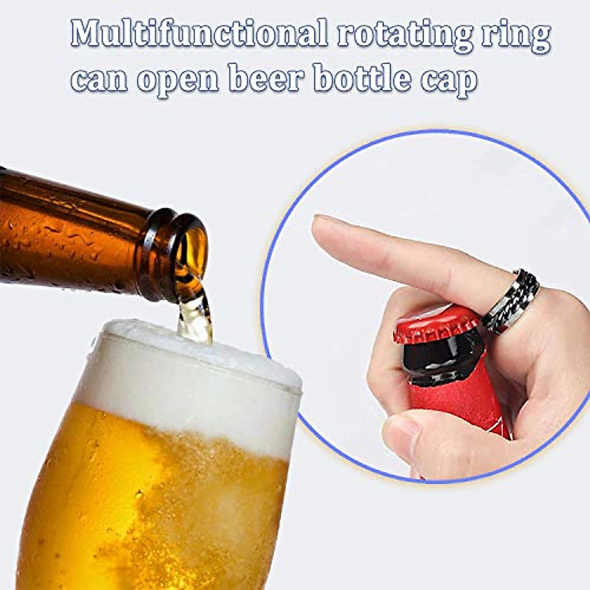 Byhoo 8mm Bottle Opener Finger Ring Rotatable Beer Bottle Cap Opening Tool Remover for Women Men at Party, Inner Chain Spinner of Polished Stainless Titanium Steel Jewelry All Black Size 11 (2 PCS)