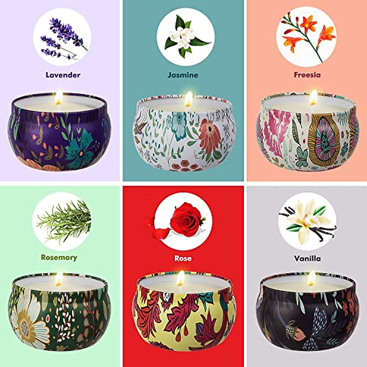 Scented Candles Gifts for womem: Soy Wax 6 Pack Gift Package Lavender Rosemary Vanilla Freesia Jasmine Rose Natural for Stress Relief and Aromatherapy Candle Sets for Home Birthday Yoga