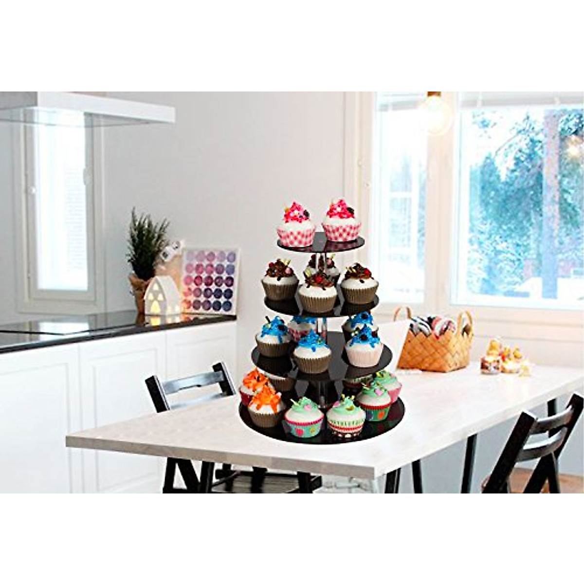 SinoAcrylic Cupcake Stand - 4 Tiers Round Cupcake Tower - Tiered Serving Dessert Cake Holder - Unique Black Exquisite Plate - Perfect for Wedding, Birthday, Party, Baby Shower and Xmas