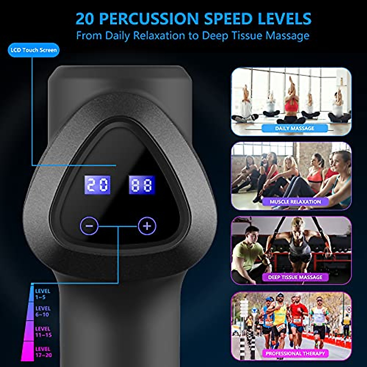 FIT KING Massage Gun Deep Tissue Percussion Muscle Massage Gun for Athletes to Relieve Soreness and Fast Recovery LCD Touch Screen 6 Massage Heads 20 Speed Levels FT-025G