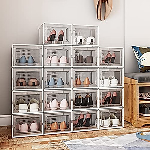 Crestlive Products 18 Pack Shoe Storage Box, Plastic Foldable Shoe Box, Stackable Clear Shoe Organizer Bins, Drawer Type Front Sneaker Containers (X-Large/White)