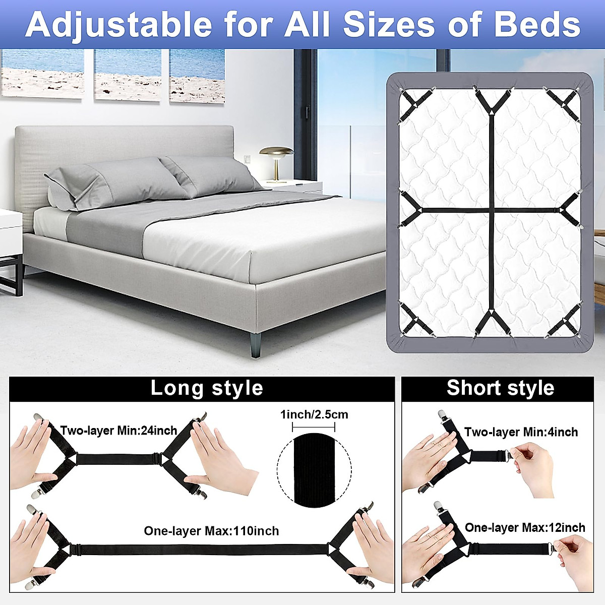 Bed Sheet Straps, 6 Pack Fitted Bed Sheet Fasteners Clips Adjustable Crisscross Bed Sheet Holder Straps for Corners Mattress Sheet Suspenders Grippers Bedding Accessories, Black