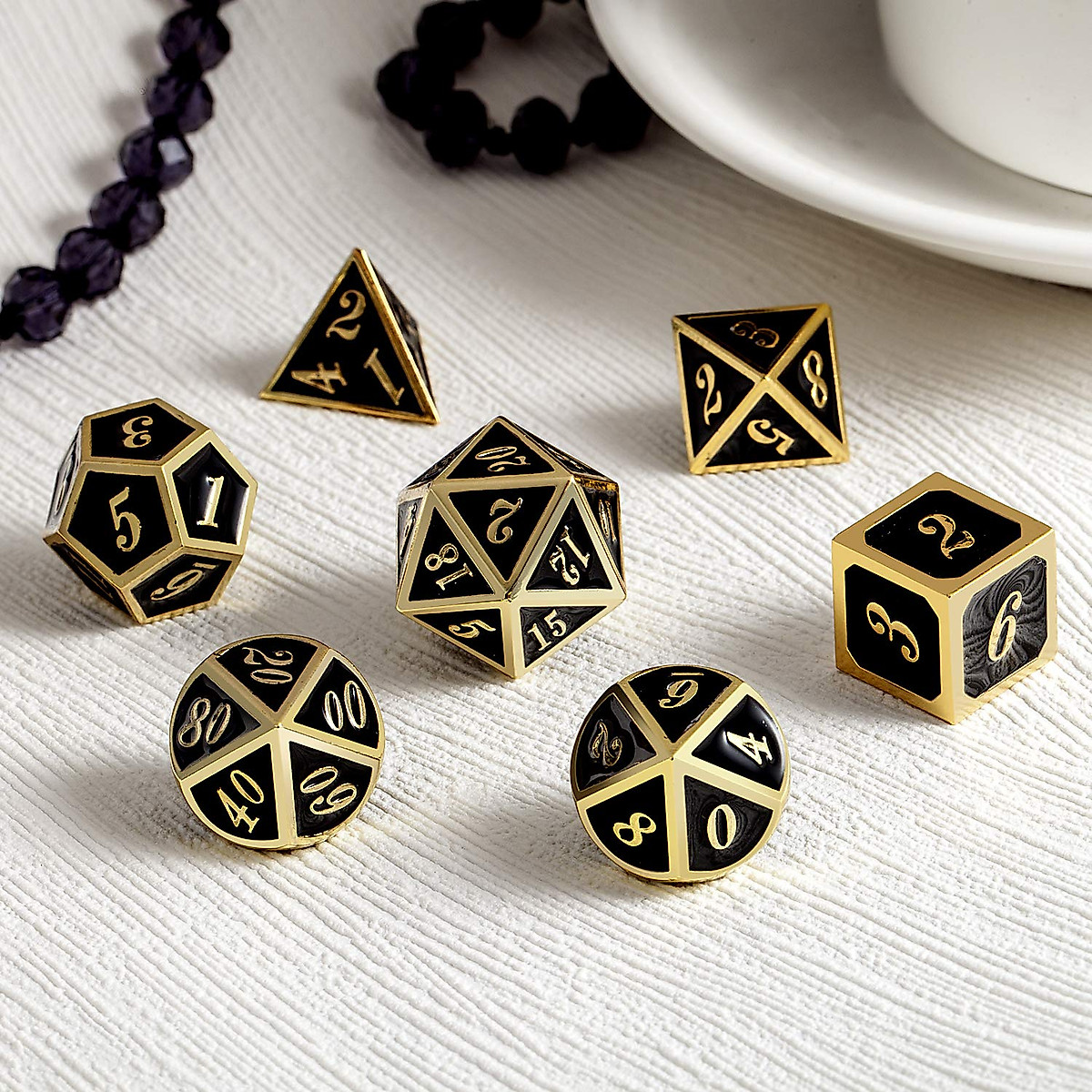 DNDND Metal Dice Set D&D, 7 die Metal Polyhedral Dice Set with Gift Metal Box and Gold Number for DND Dungeons and Dragons Role Playing Games (Black and Gold)