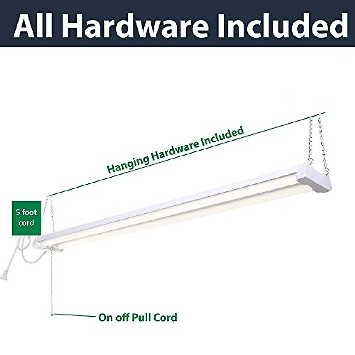 HARRRRD 3PK LED 4ft Utility Shop Light-40W, 5000K, Non-Linkable, Frosted Lens, 4100LM, Replaces 4 Foot Fluorescent, Garage Shoplight Ceiling Fixture, Pull Cord Chain, Plug in